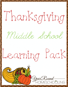 Thanksgiving Middle School Learning Pack - Year Round Homeschooling
