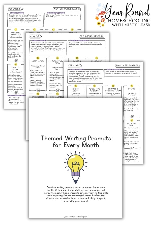 Year Round Themed Monthly Writing Prompts - Year Round Homeschooling